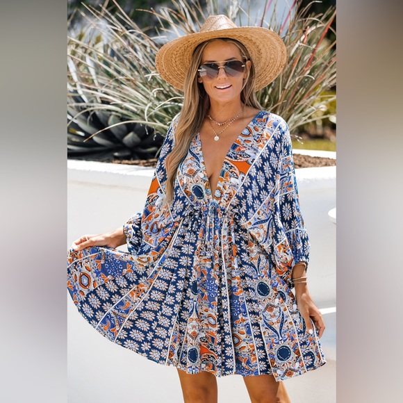 Dresses | Blue Boho Print Faux Wrap Dress | Poshmark